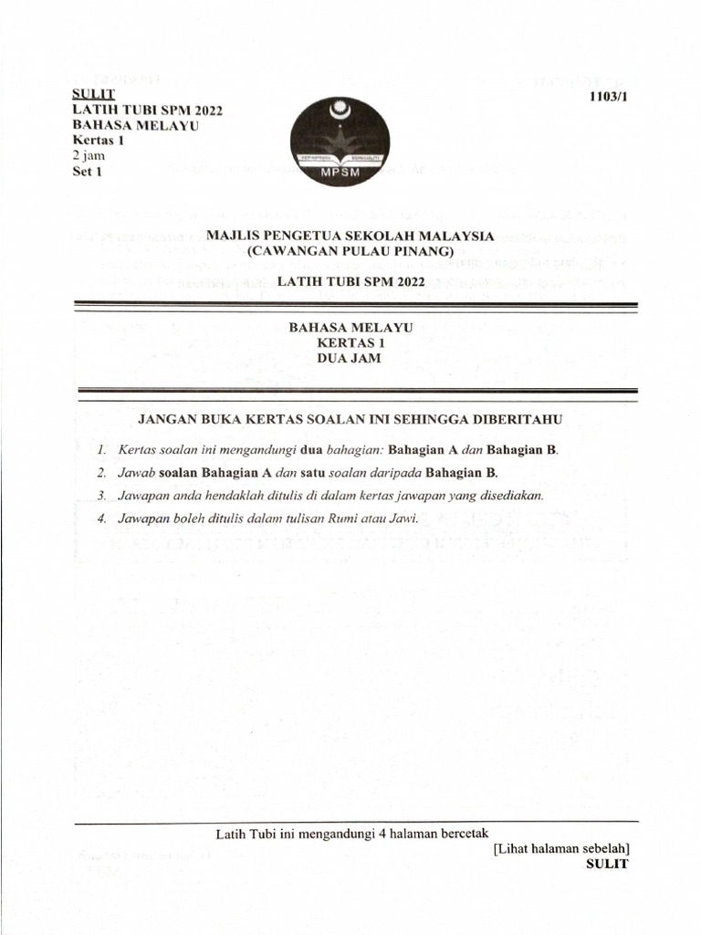 Penang Set 1 BM 1 Soalan | PDF