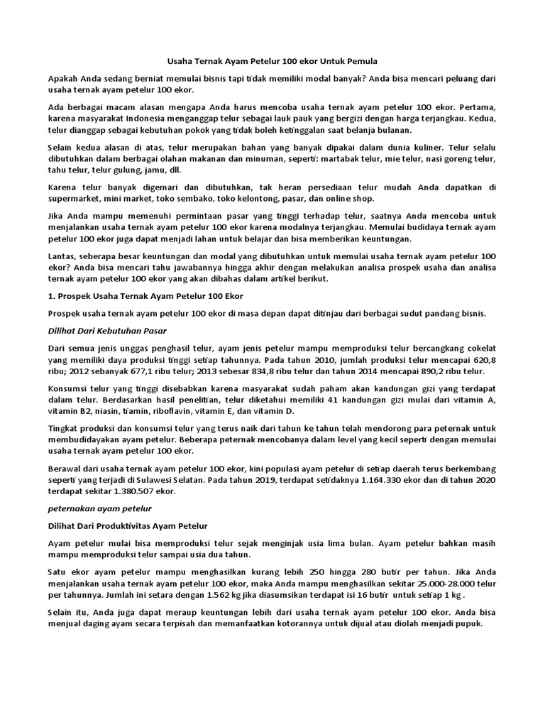 Usaha Ternak Ayam Petelur 100 Ekor Untuk Pemula | PDF