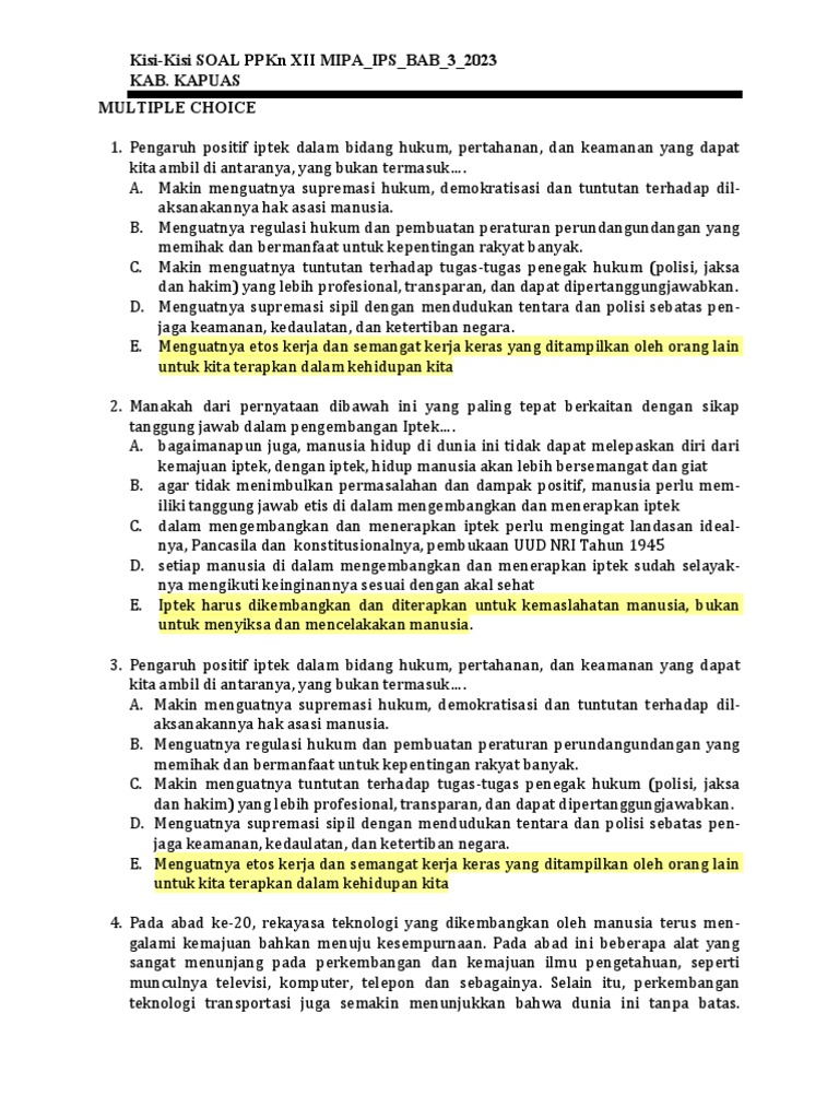 Kisi-Kisi - PPKN XII MIPA - IPS BAB - 3 - 2023-1 PDF | PDF