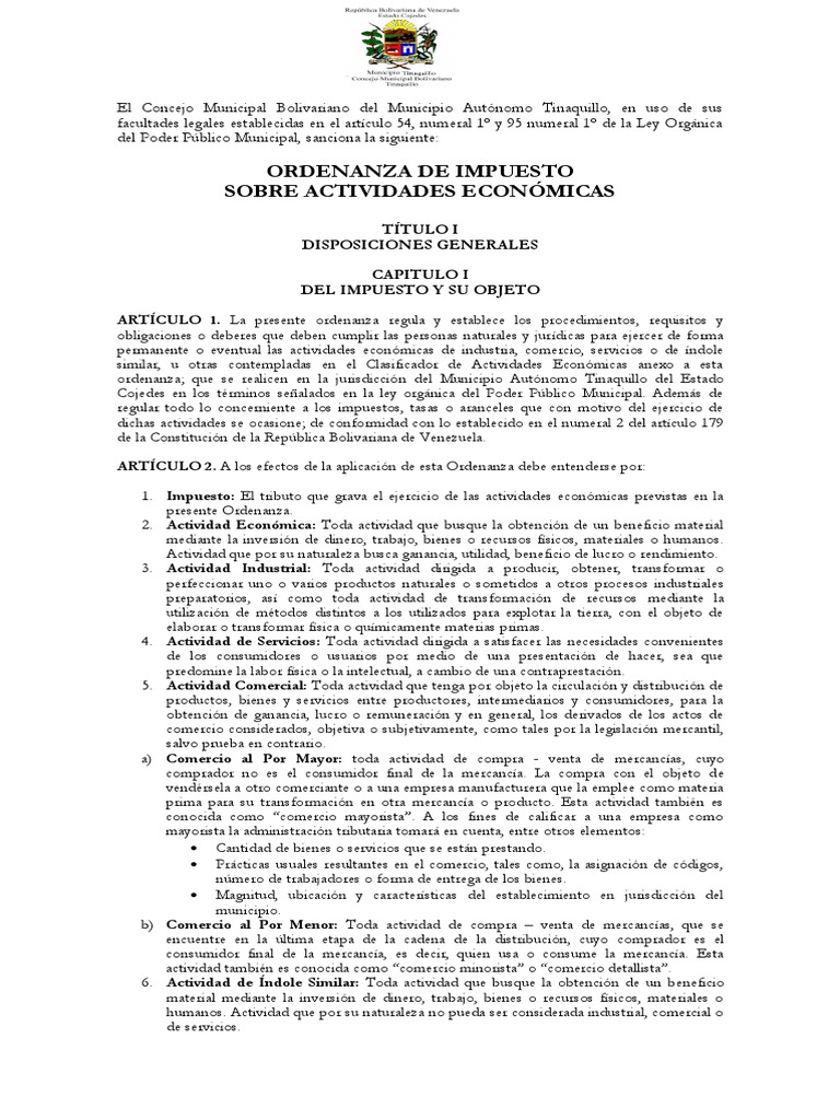 Ordenanza De Ae Tinaquillo Marzo 2018 Pdf Impuestos Comercio