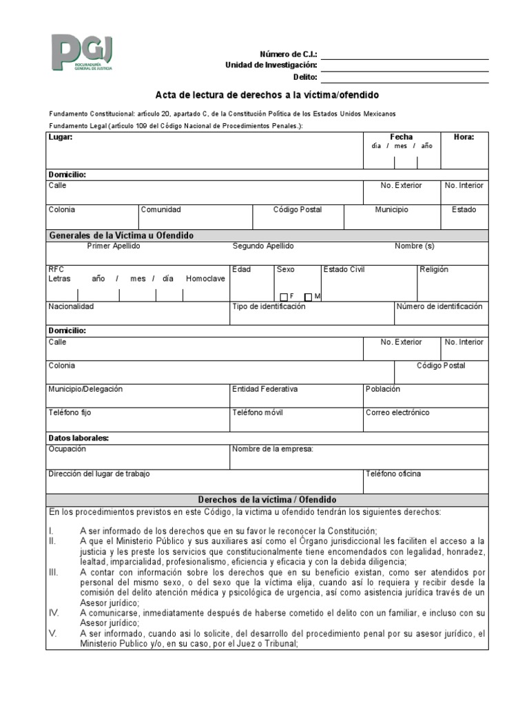 07 Acta De Lectura De Derechos A La Víctima Ofendido 190 Y 191 Pdf