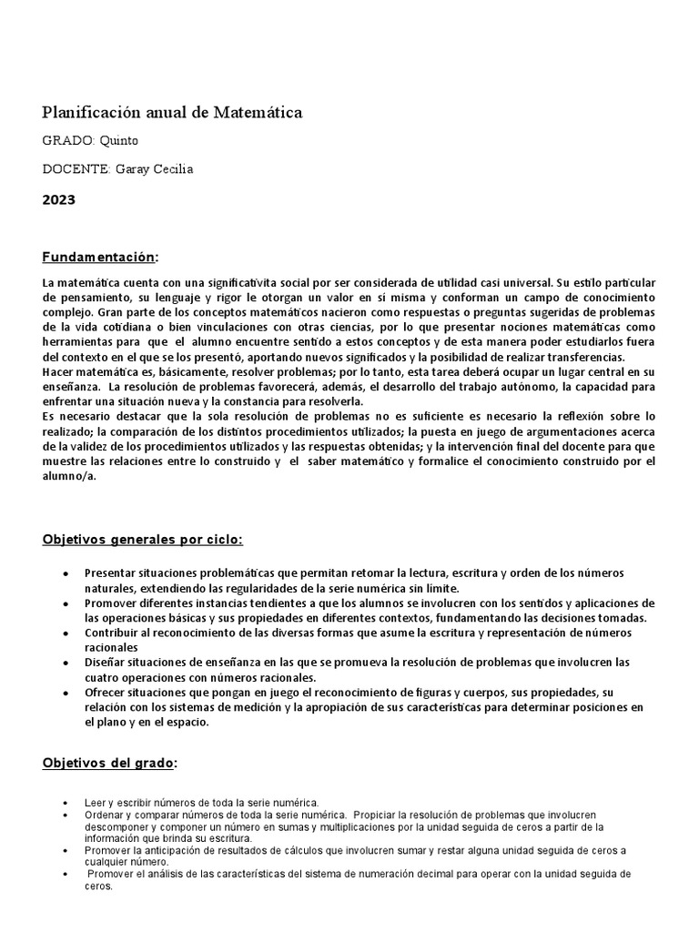 Planificación Anual de Matemática | PDF | Números | Triángulo