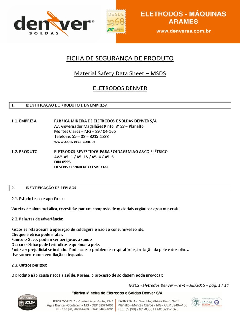 FISPQ - Eletrodos Denver - E 6013 | PDF | Desperdício | Embalagem e rotulagem