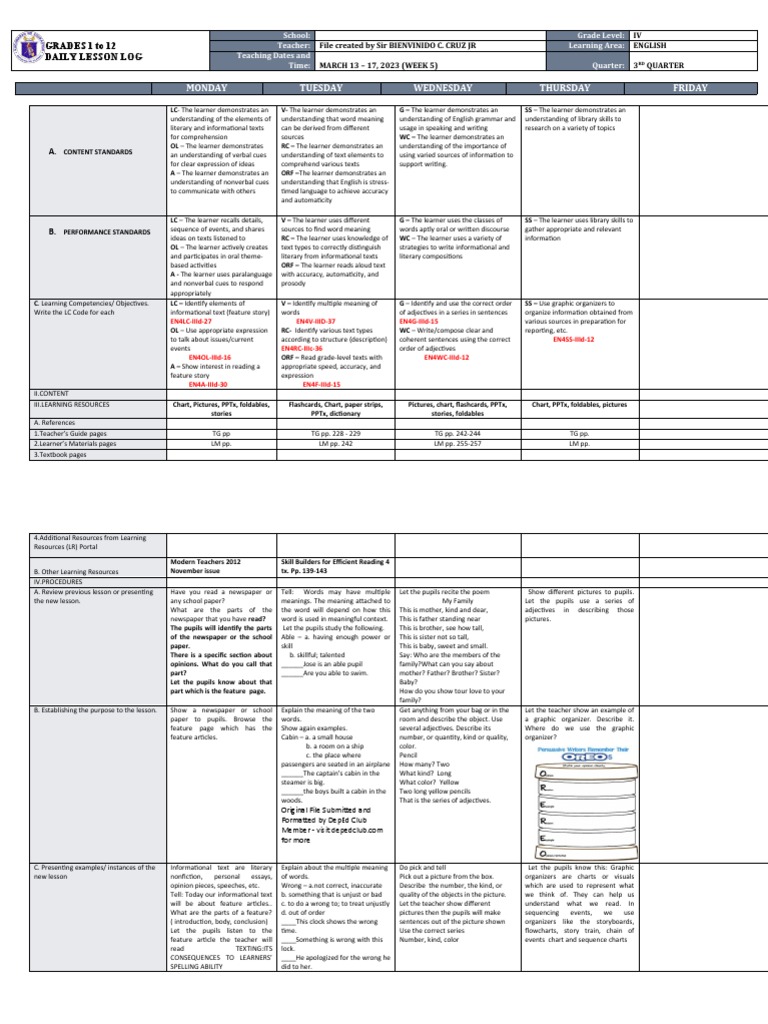 DLL - English 4 - Q3 - W5 | PDF | Learning | Noun