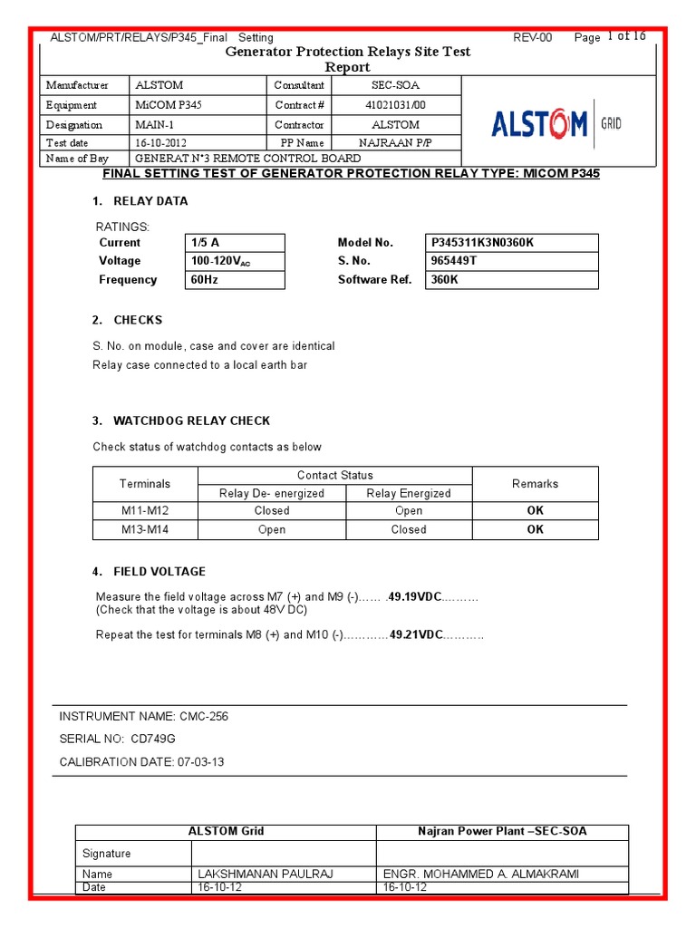 p345 Relay Test Report | PDF | Relay | Electric Generator