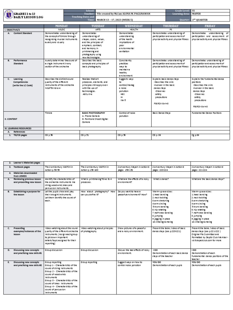 DLL - Mapeh 6 - Q3 - W5 | PDF | Physical Education | Dances