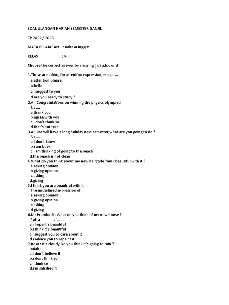 Soal Uh Bing Ganjil 2022-2023 | PDF