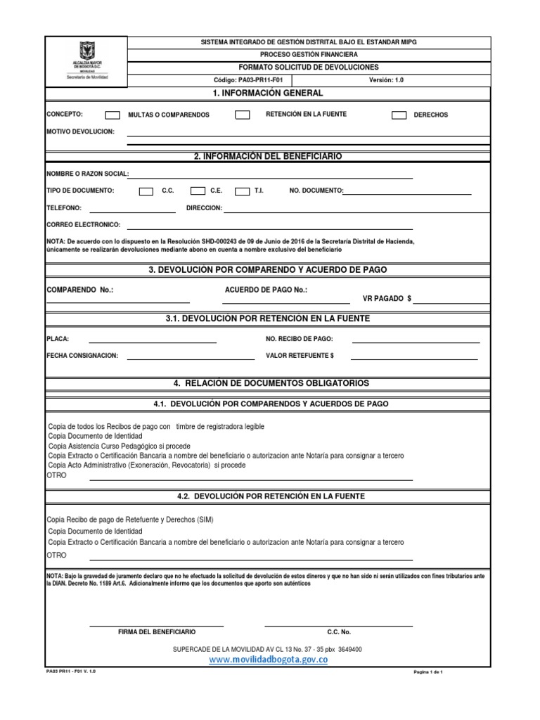 ANEXO 1 PA 03 PR 11 F01 FORMATO SOLICITUD DE DEVOLUCION 3e2c5a3b68 PDF ...