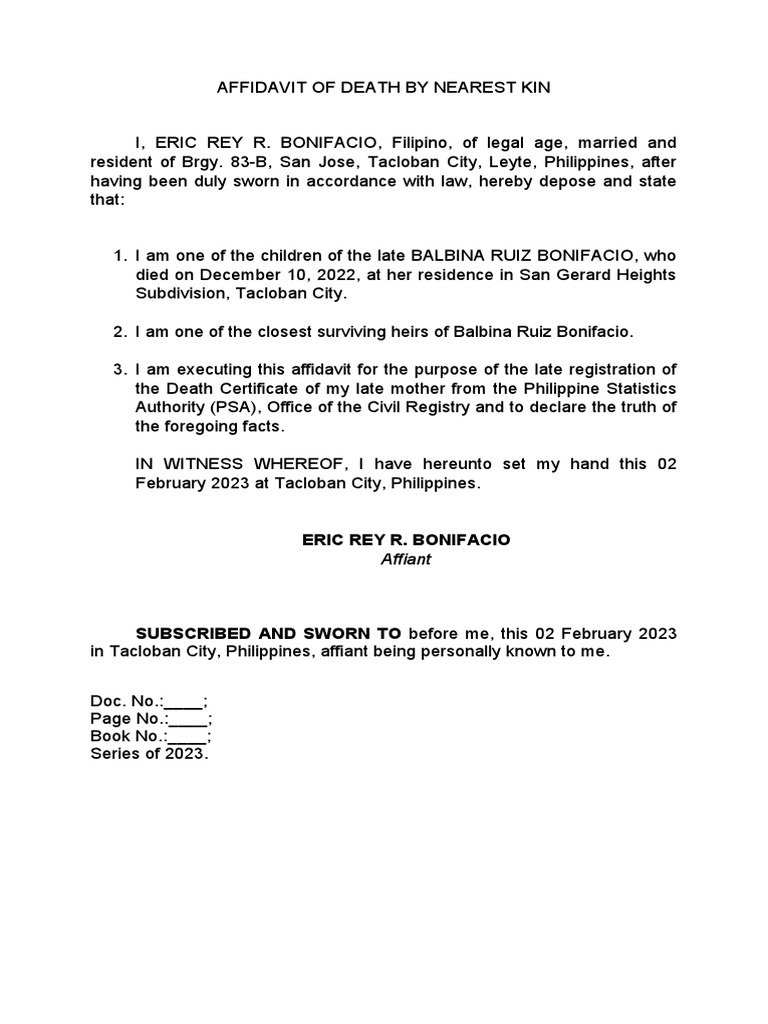 AFFIDAVIT OF DEATH BY NEAREST KIN - Tay Boyen | PDF
