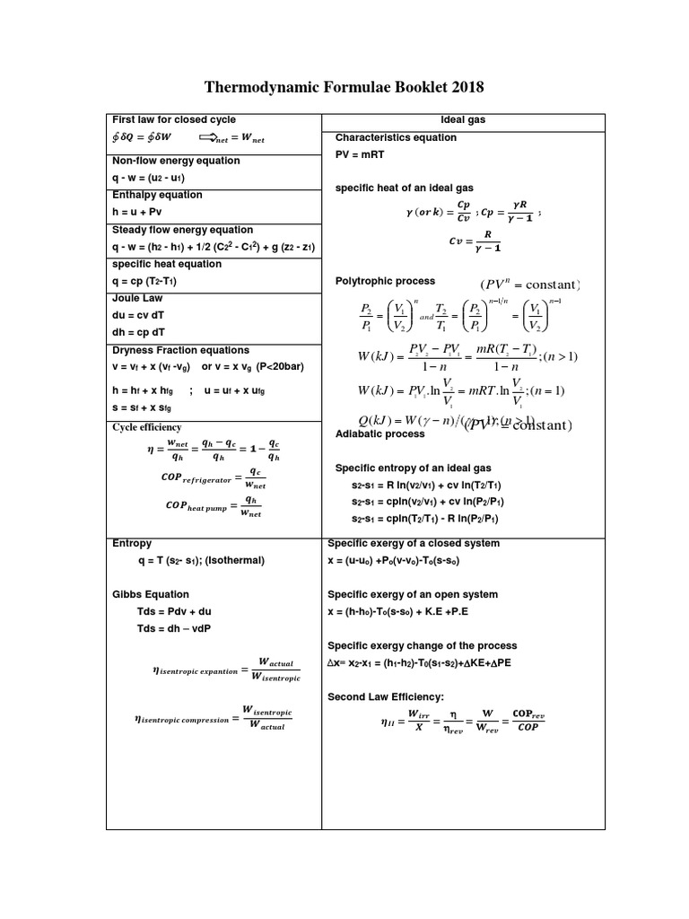 Thermodynamics Formulae Booklet | PDF | Exergy | Nature