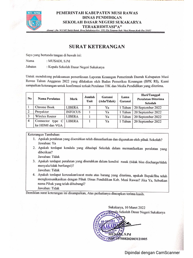 Surat Keterangan Laporan Bantuan TIK | PDF