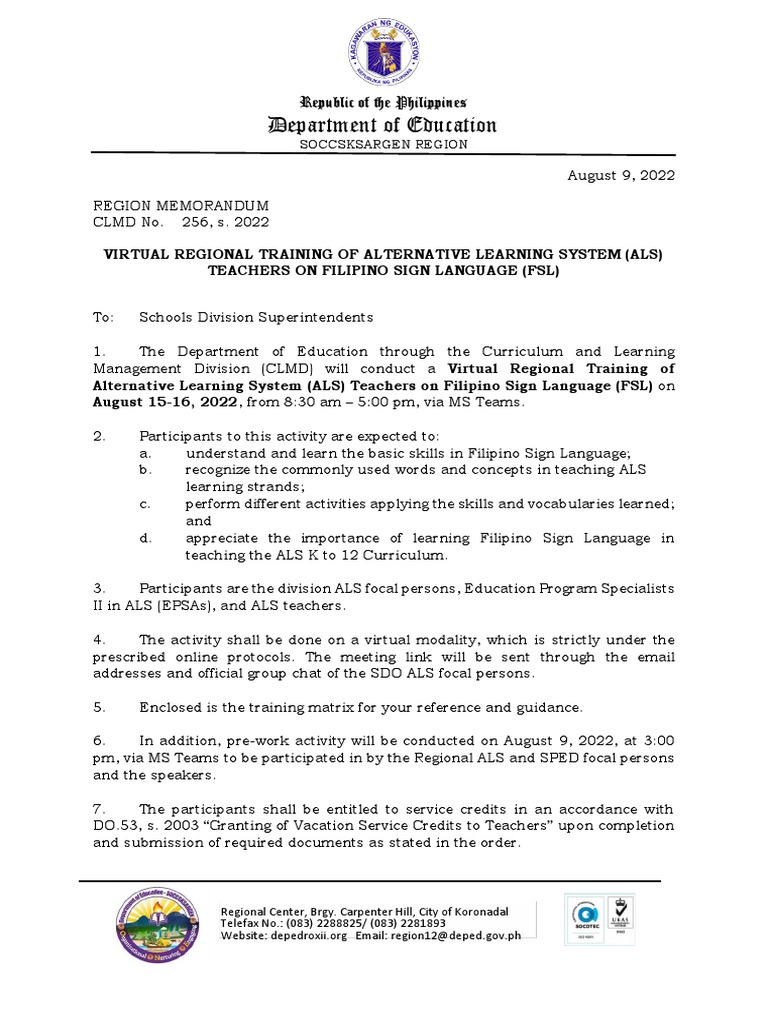 Region Memorandum CLMD 256 VIRTUAL REGIONAL TRAINING OF ALTERNATIVE ...