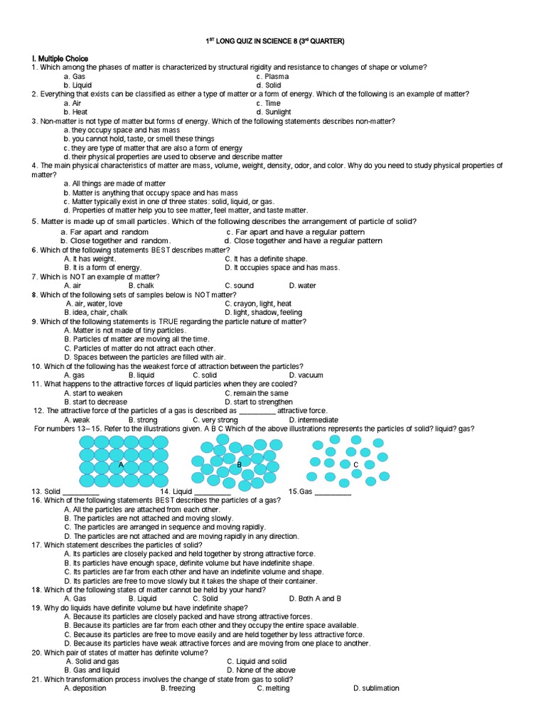 Grade 8 States of Matter Quiz | PDF | Matter | Liquids