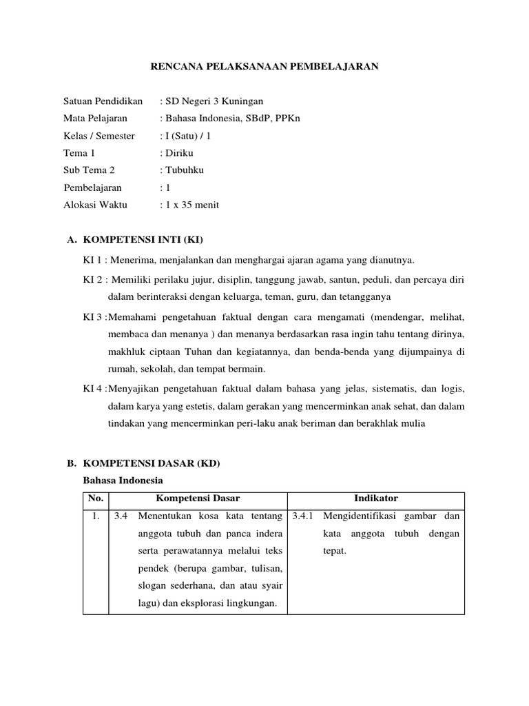 RPP Kelas 1 Tema 1 Subtema 2 Pembelajaran 1 | PDF