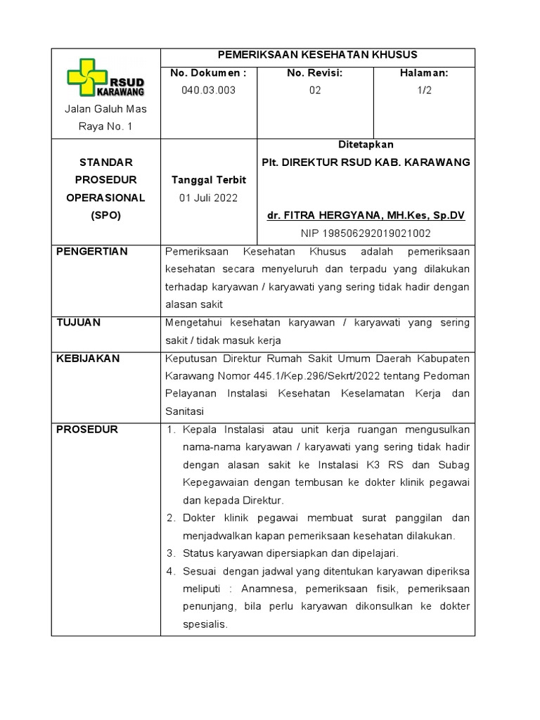Prosedur Pemeriksaan Kesehatan Khusus | PDF