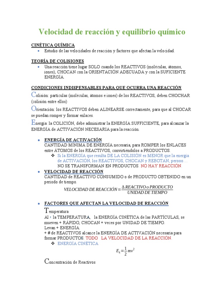 Velocidad de Reacción y Equilibrio Químico | PDF | Reacciones químicas | Equilibrio químico