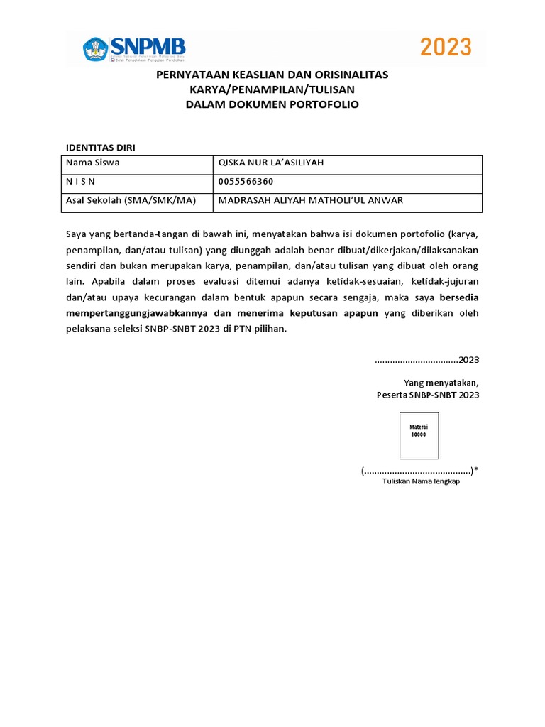 00 Template Pernyataan Peserta (Portofolio Sendratasik) 2023 | PDF