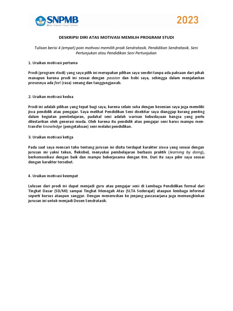 04 Template Deskripsi Motivasi Memilih Program Studi (Porto Sendratasik 2023) | PDF