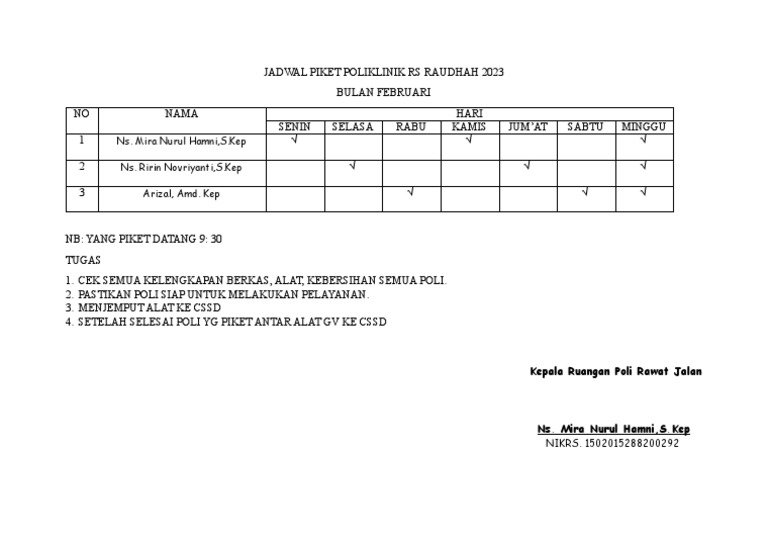 Jadwal Piket Poliklinik RS Raudhah 2023 | PDF
