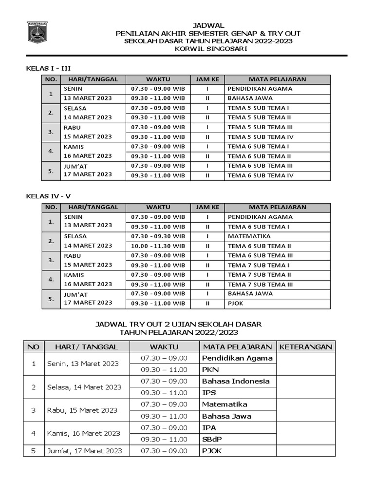 JADWAL PTS-STS GENAP TA 2022 - 2023 Singosari | PDF