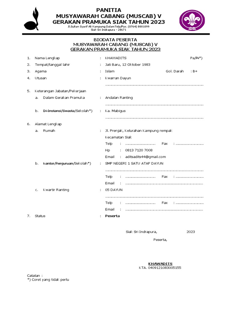 Biodata Peserta Muscab V Pramuka Siak 2023 | PDF