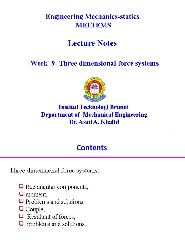 Week 9 - Three Dimensional Force Systems 1 | PDF | Engineering | Physical Sciences