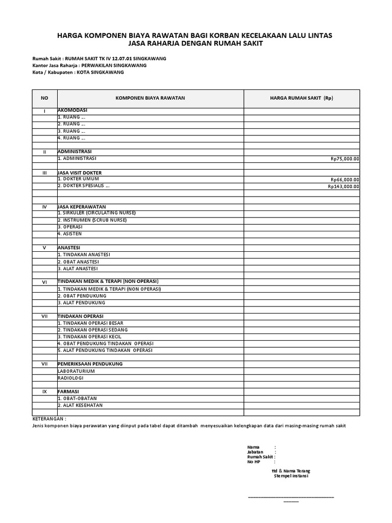 FORM HARGA KOMPONEN BIAYA RUMAH SAKIT TK IV 12.07.01 SINGKAWANG | PDF