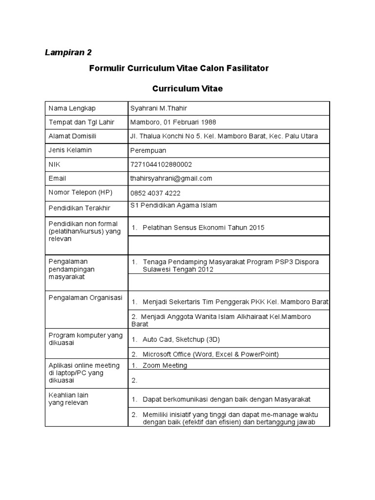 4.format Curriculum Vitae Calon Fasilitator Desa (Lamp.2) PDF | PDF