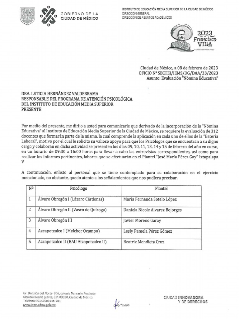 Daa-33-2023 Dra. Leticia Hdez. Valderrama Evaluación Nómina Educativa | PDF