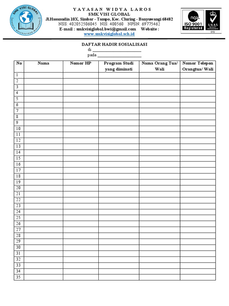 Daftar Hadir Sosialisasi SMK Visi Global | PDF