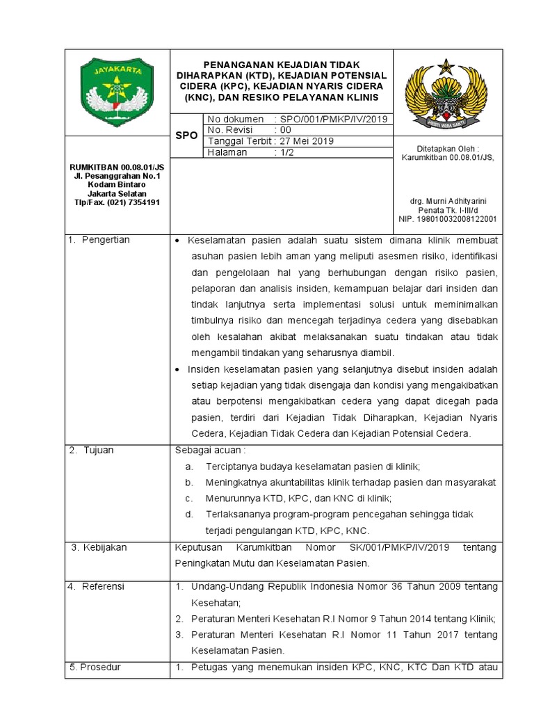 1. SOP PENANGANAN KTD,KPC KNC,DAN RESIKO PELAYANAN KLINIS Bnr | PDF