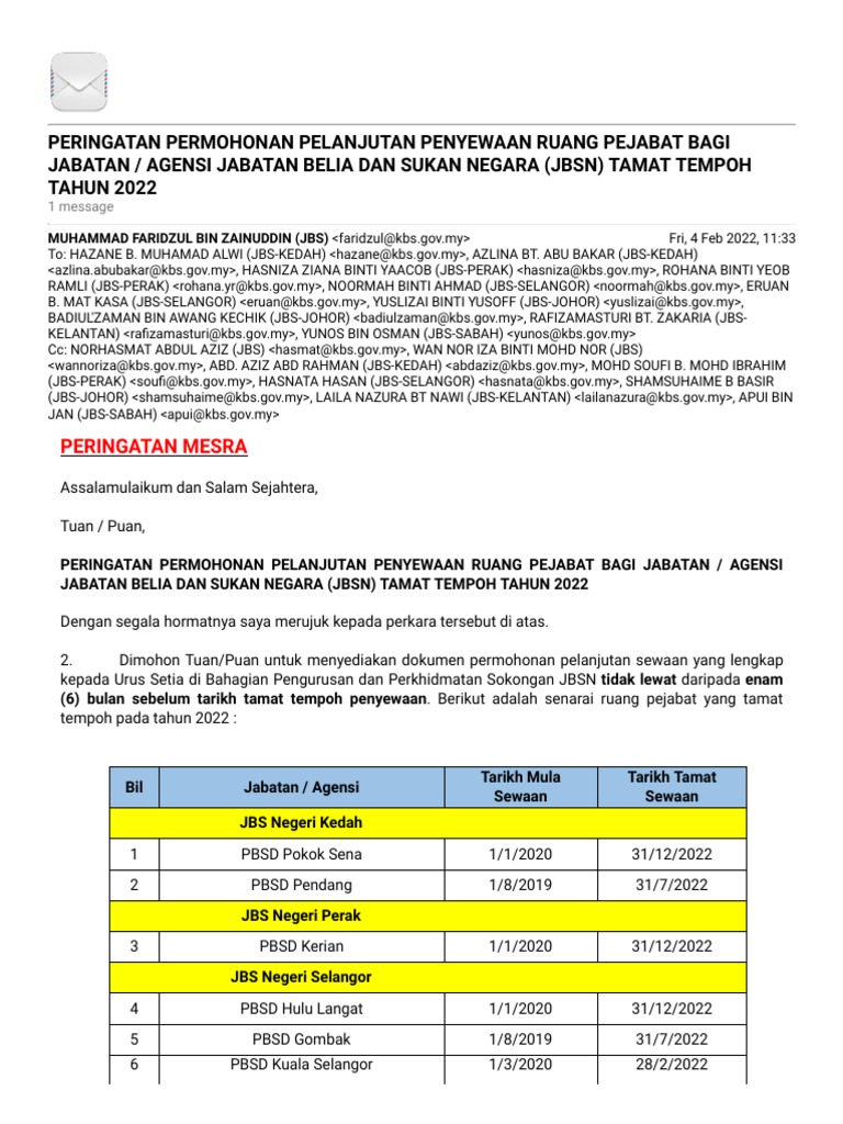 Peringatan Permohonan Pelanjutan Penyewaan Ruang Pejabat Bagi Jabatan - Agensi Jabatan Belia Dan ...