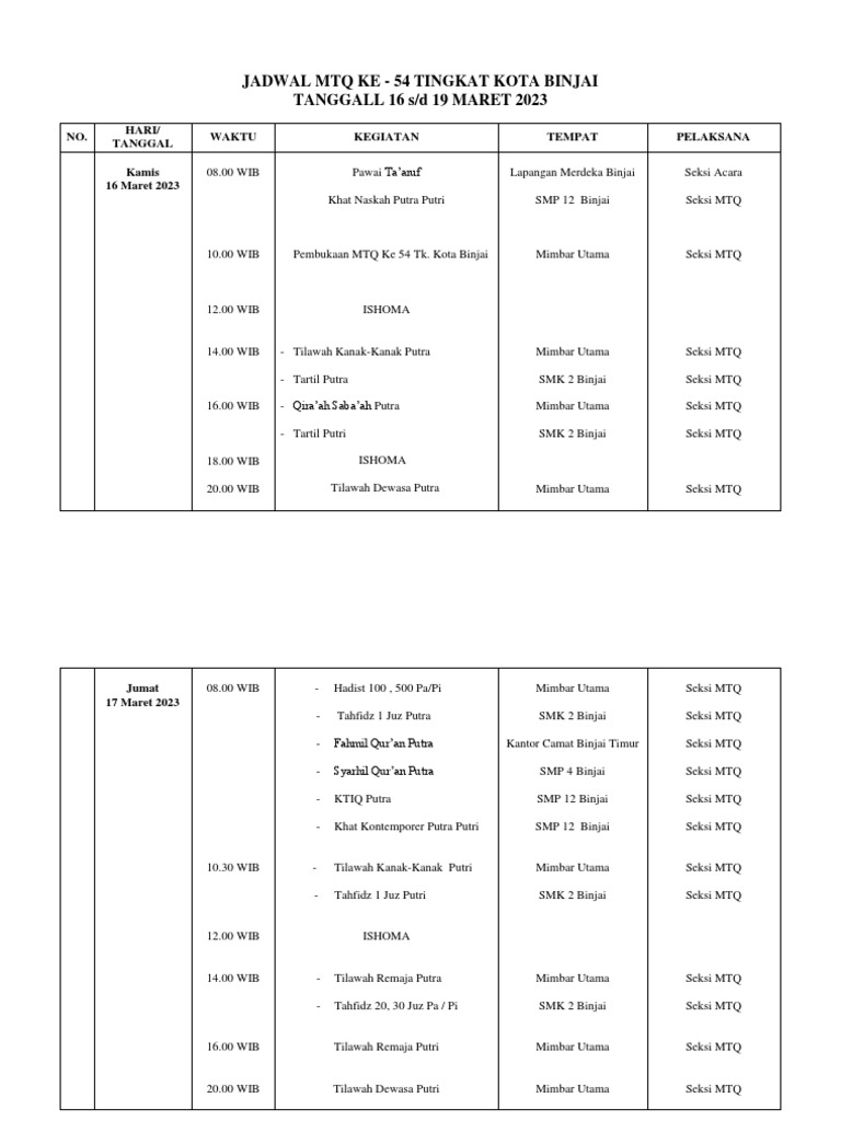 JADWAL MTQ KE-54 Kota Binjai Tahun 2023 | PDF
