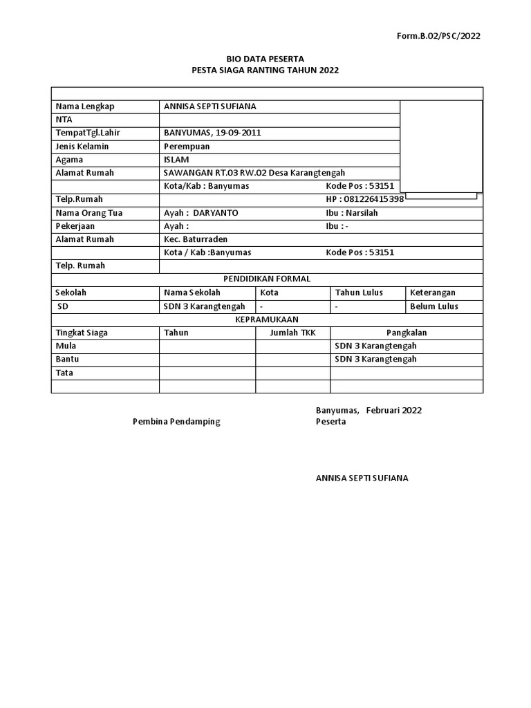 BIO DATA PESERTA - Docx - 2022 | PDF