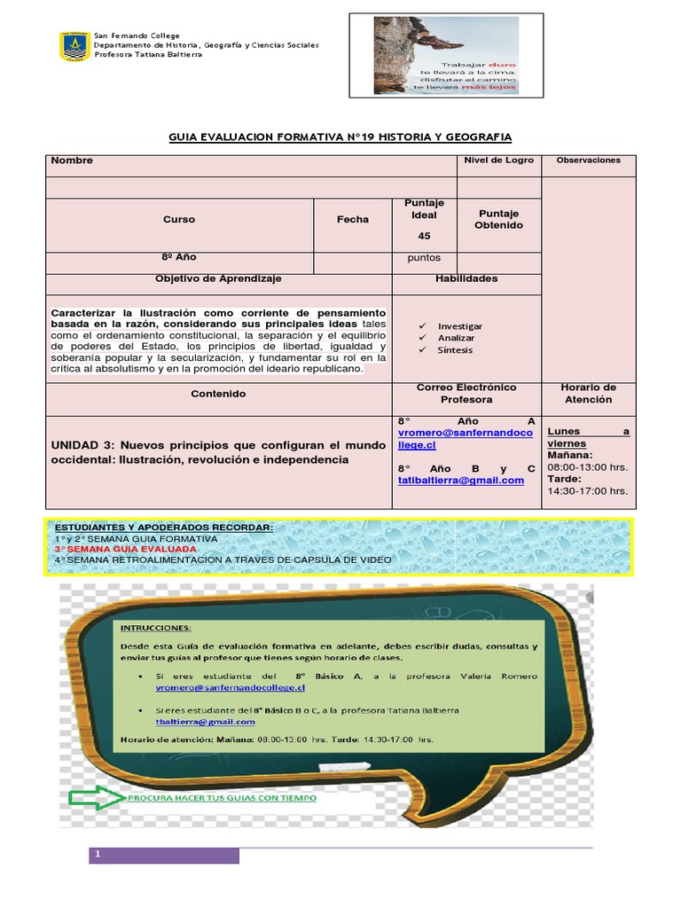 8° BÁSICO Guia N°19 HISTORIA Y GEOGRAFÍA EVALUACION FORMATIVA | PDF | Era de iluminacion ...