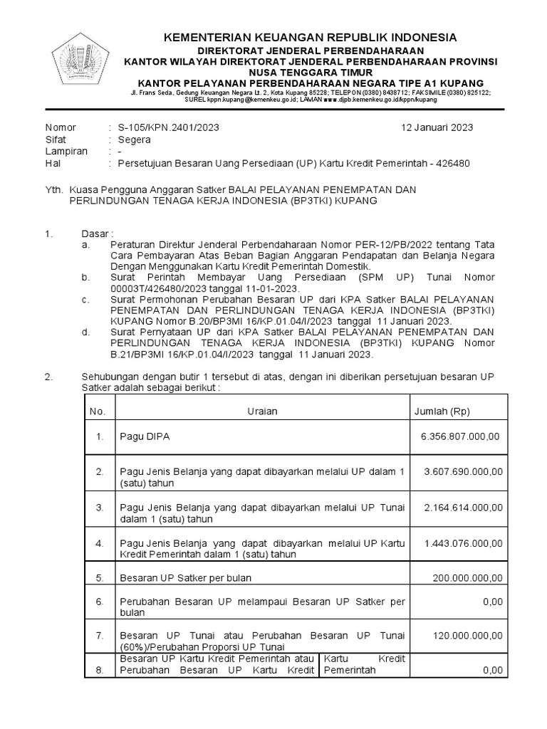 Persetujuan Besaran Uang Persediaan (UP) Kartu Kredit Pemerintah - 426480 PDF | PDF