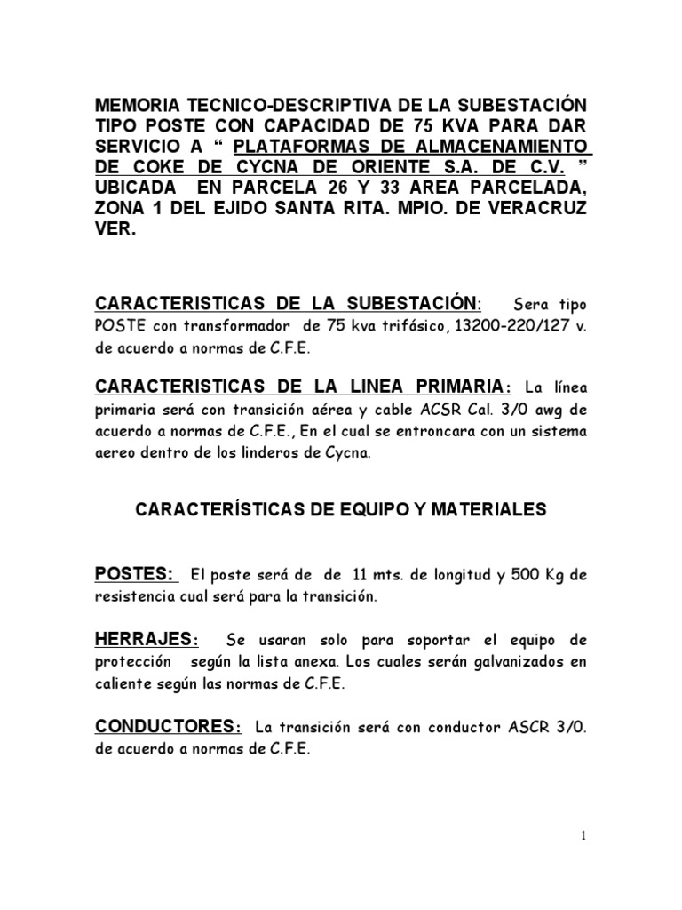 Memoria Tecnica | PDF | Transformador | Fusible (Eléctrico)