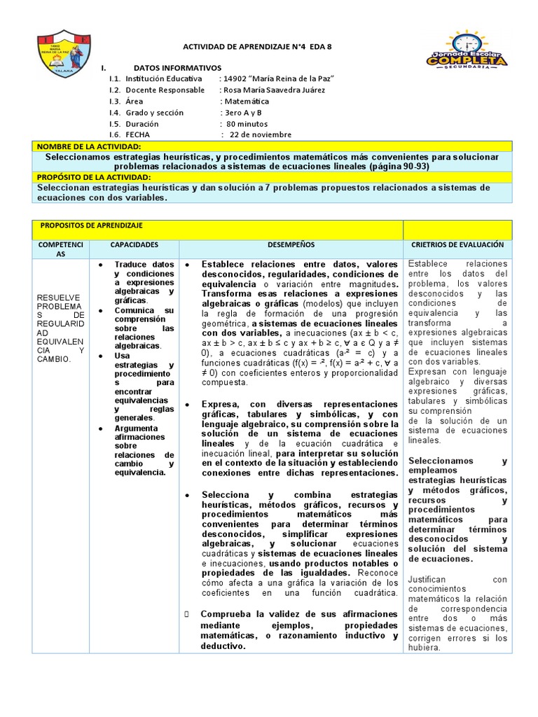Sesión Sistema de Ecuaciones | PDF | Ecuaciones | Evaluación