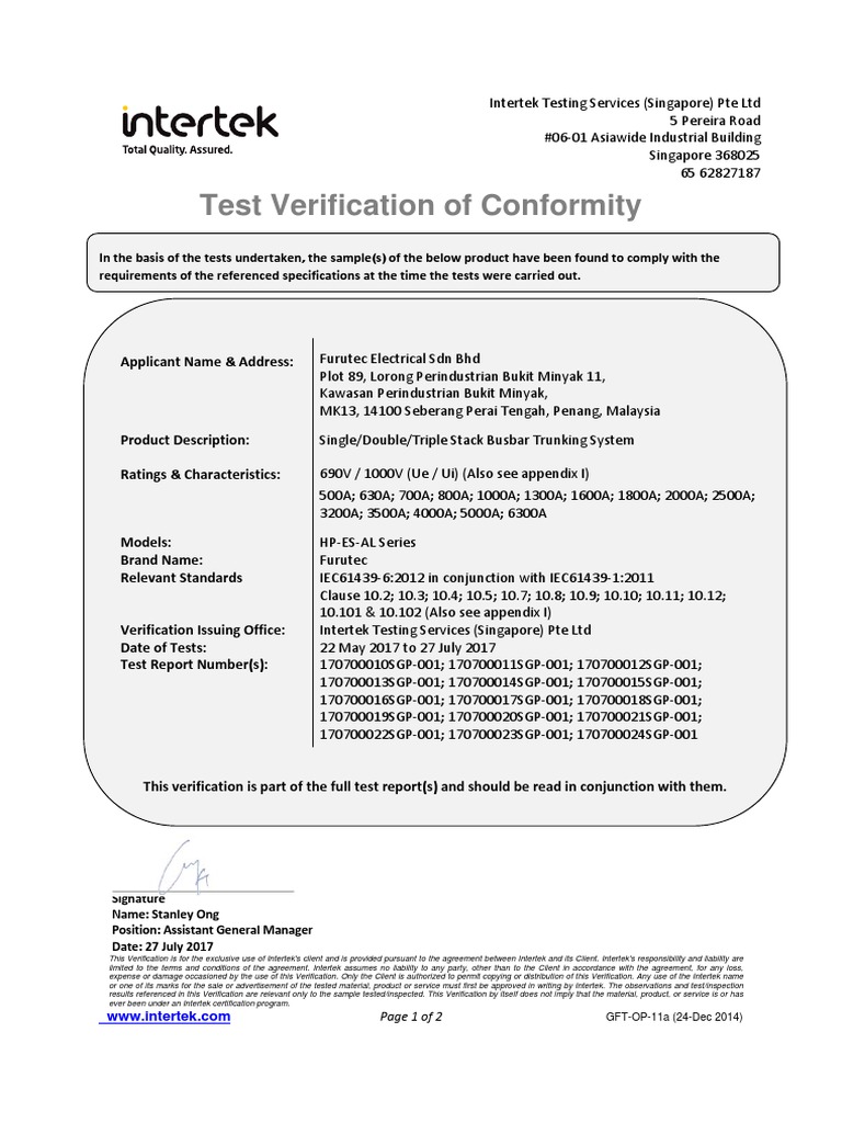 Furutec Aluminium HP-ES-Type Test Certificate (500A-6300A) | PDF ...
