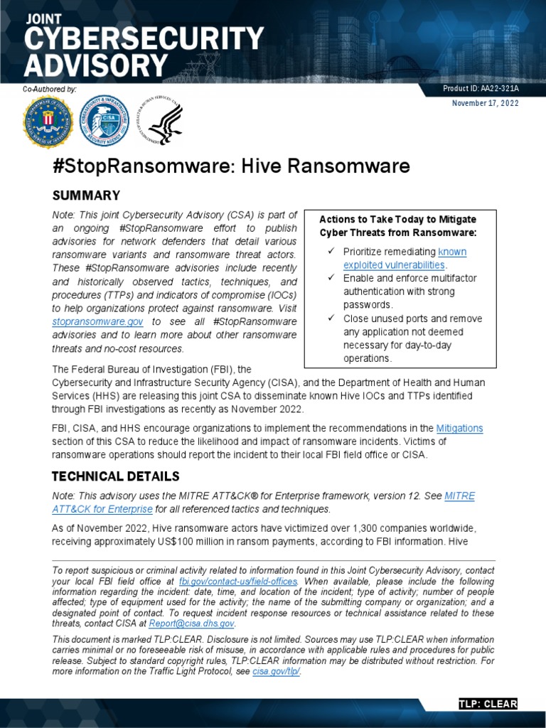 Cybersecurity Advisory StopRansomware Hive Ransomware 1668732638 | PDF | Ransomware | Security