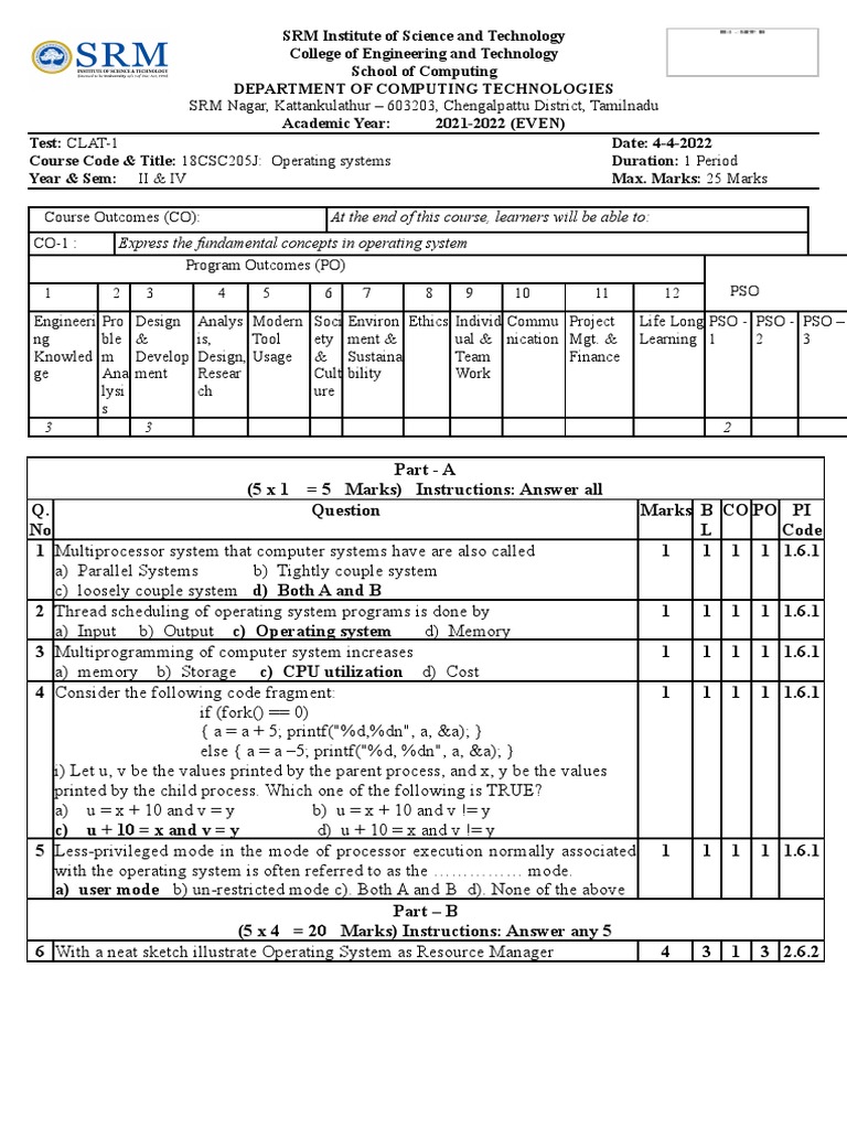 Os Unit1 Answerkey Pdf Process Computing Thread Computing 