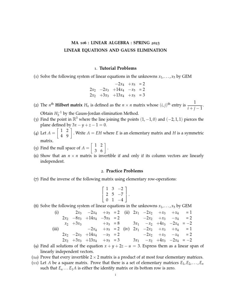 Tut2 Linear Equations Download Free Pdf Matrix Mathematics System Of Linear Equations