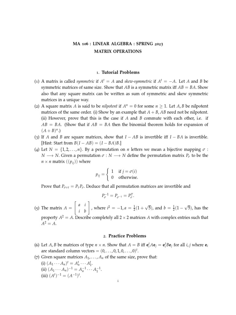 Tut1 Matrix Operations | PDF | Matrix (Mathematics) | Operator Theory