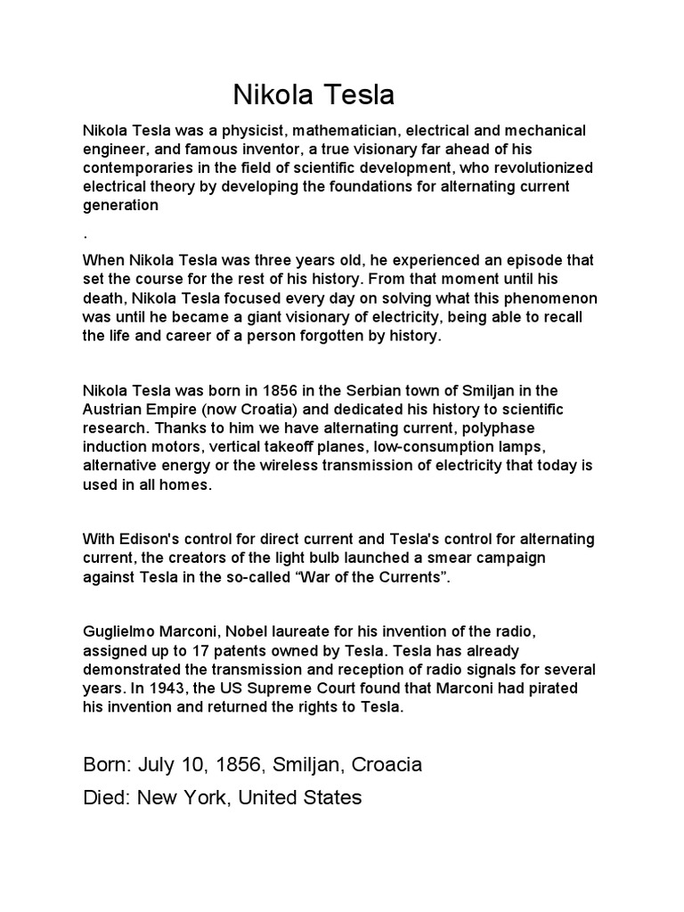 Nikola Tesla: Pioneer of Electricity | PDF