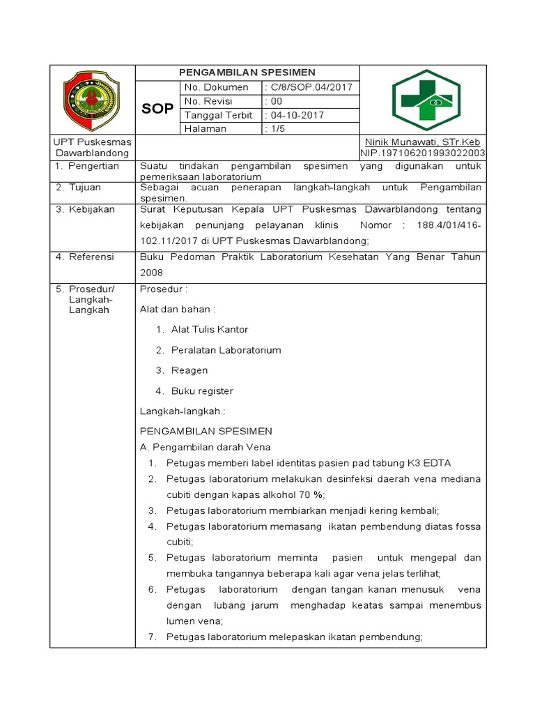 Sop Pengambilan Spesimen Laboratorium | PDF