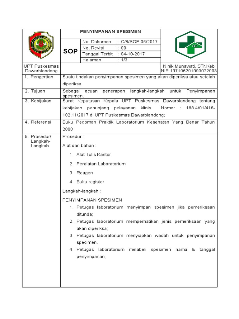 Sop Penyimpanan Spesimen Laboratorium | PDF