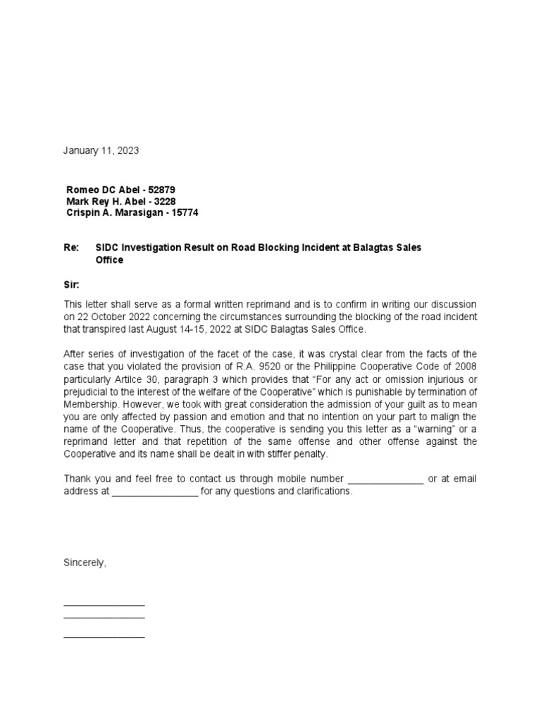 Letter Reprimand | PDF