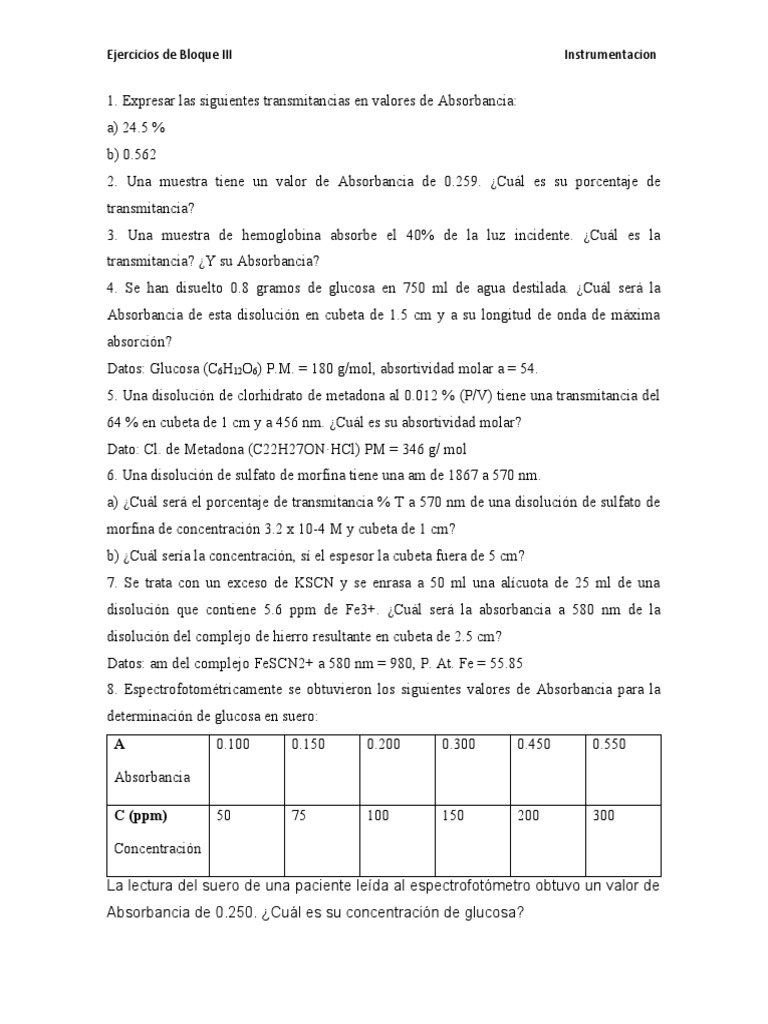 Ejercicios Bloque 3 | PDF | Espectrofotometria | Concentración