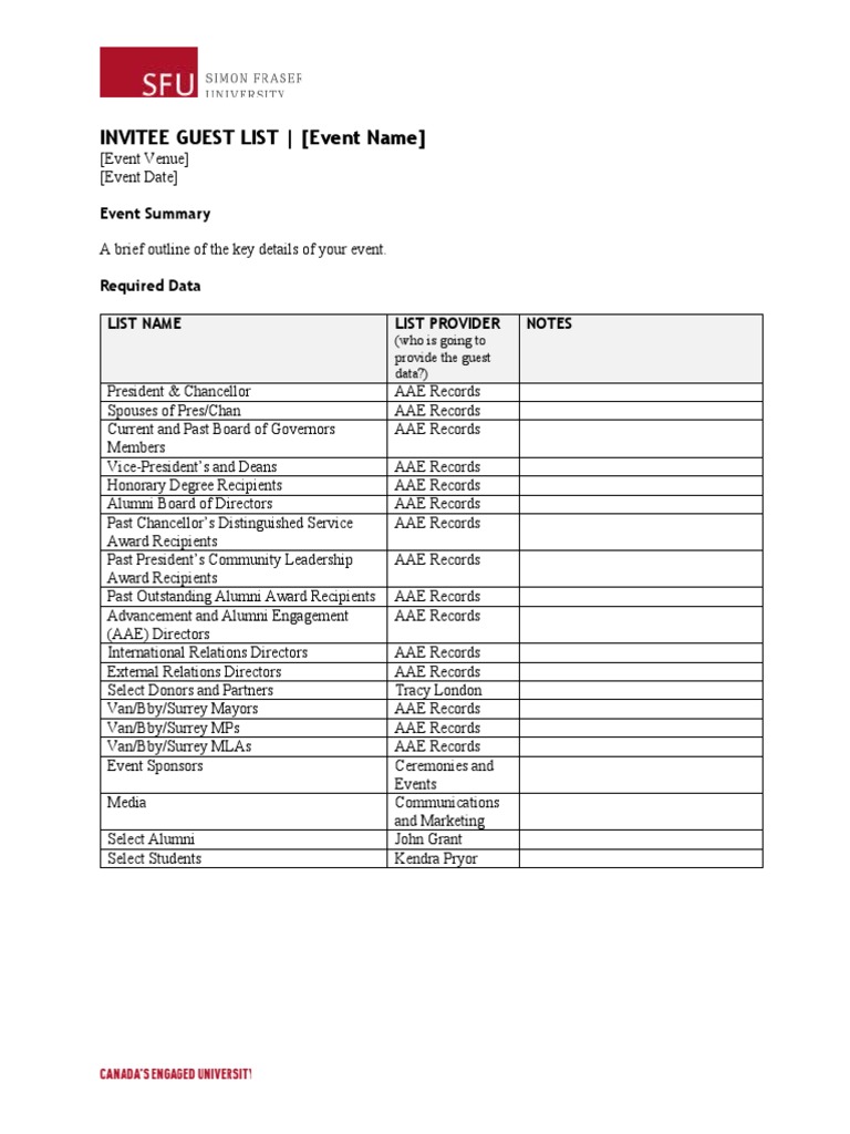 Event Invitee Guest List Template | PDF