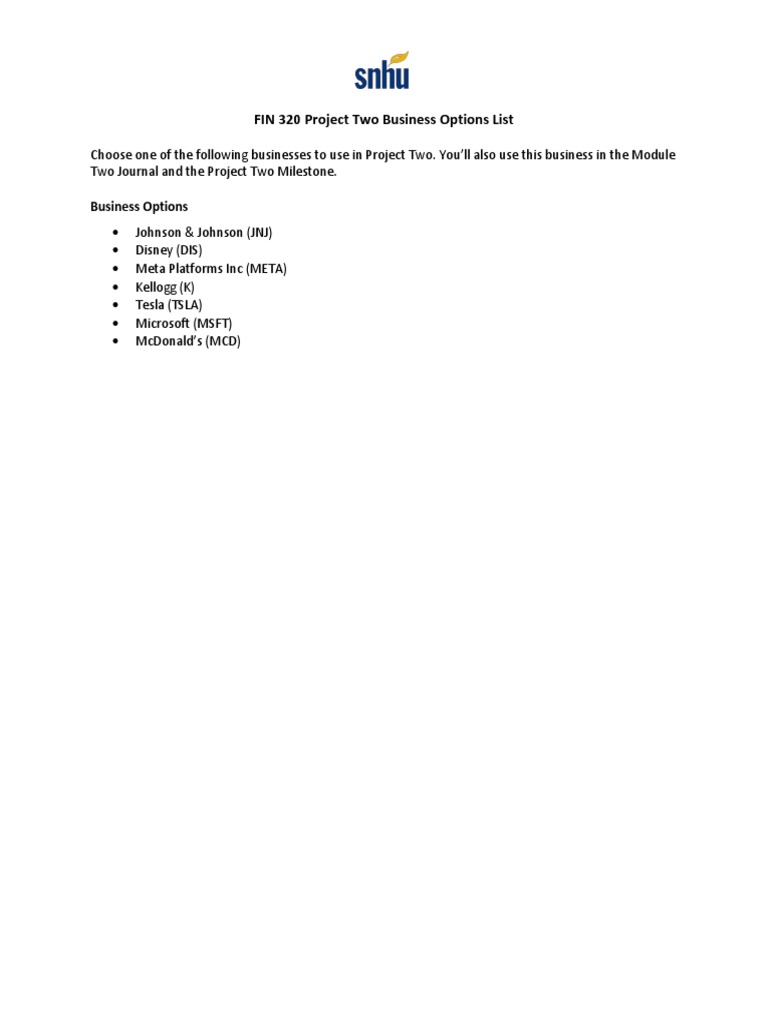 FIN 320 Project Two Business Choices | PDF